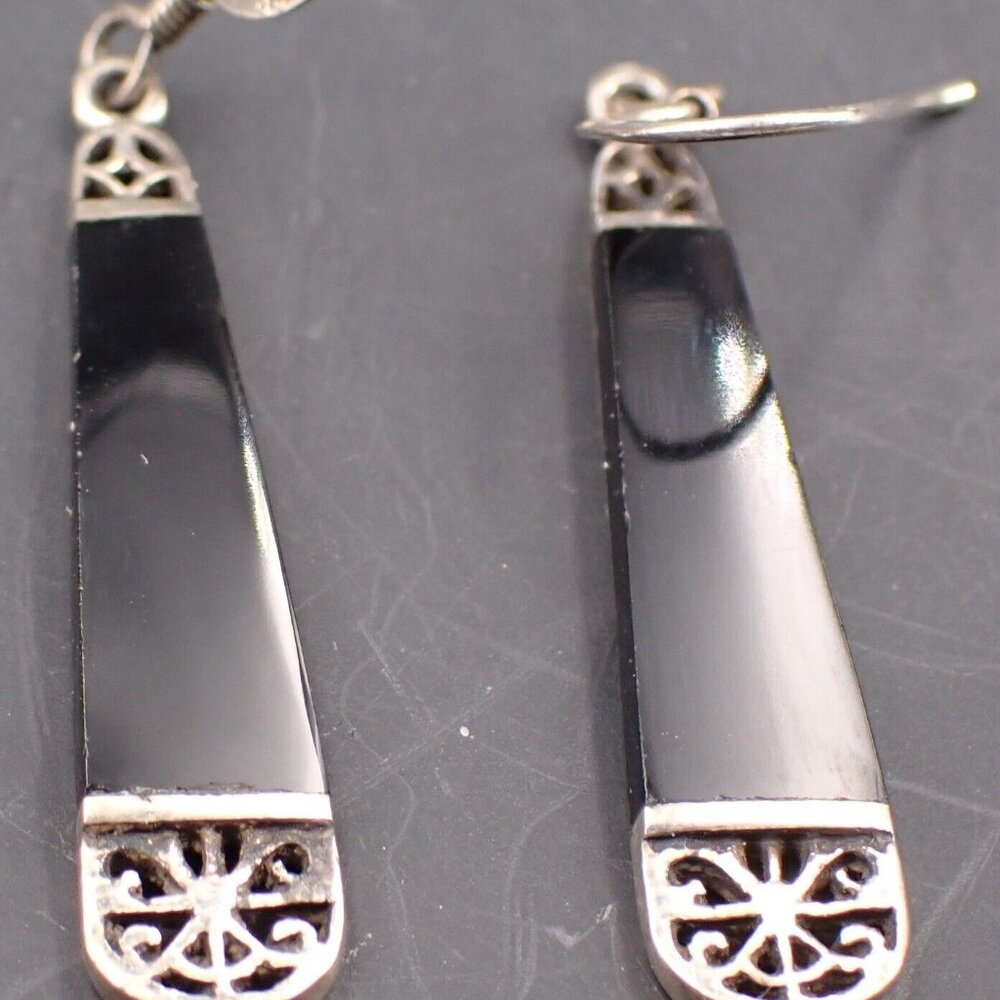 Art Deco Elongated Teardrop Black Glass Sterling Drop… - Gem